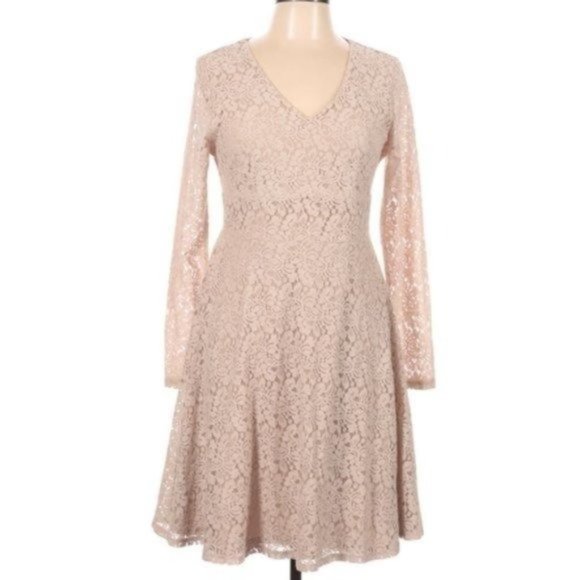 Covington | Dresses | Covington Tan Lace Midi Dress Long Sleeve | Poshmark